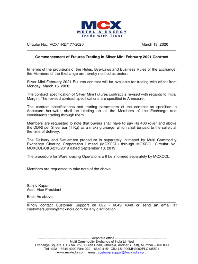 Fillable Online Commencement of Futures Trading in Silver Mini February 2021 Contract Fax Email ...