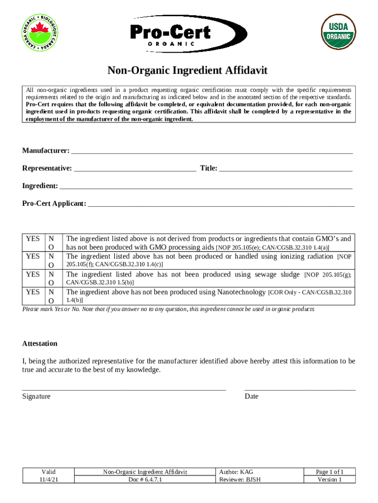 Non-organic Ingredient Affidavit Doc Template | pdfFiller