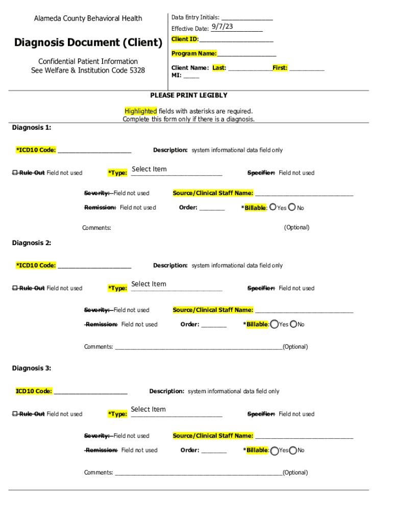 Fillable Online Diagnosis Document (Client) SmartCare Client ID Fax ...