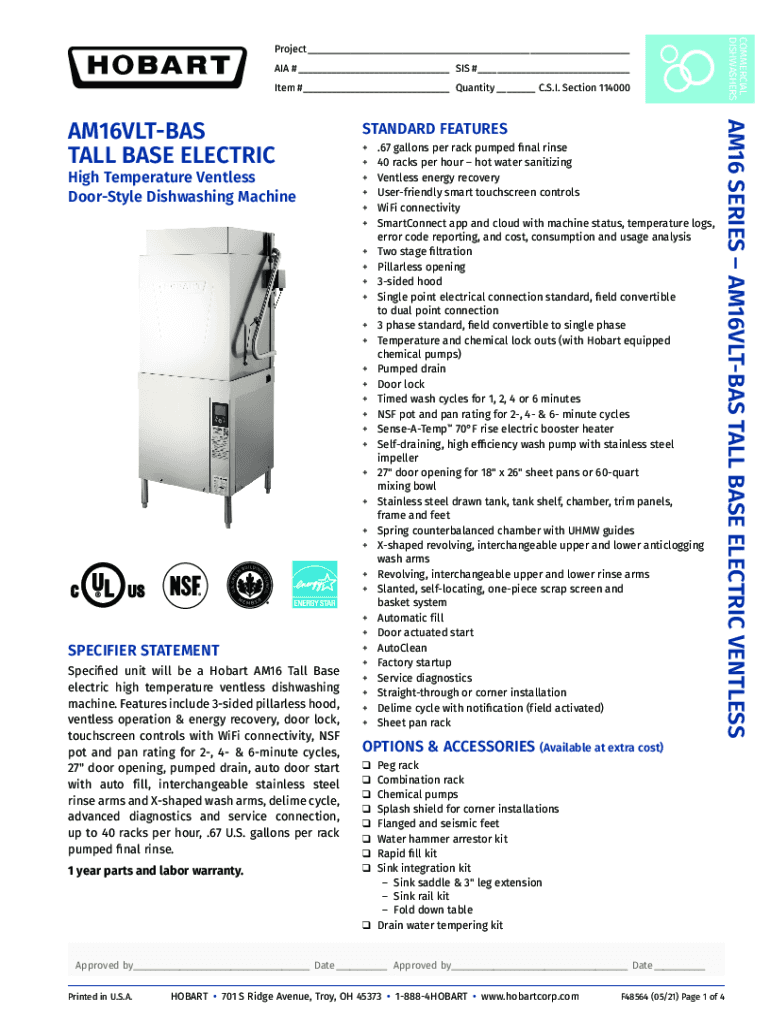 Fillable Online Hobart AM16-ASR-2 Door Type Dishwasher, 52 racks/hour ...