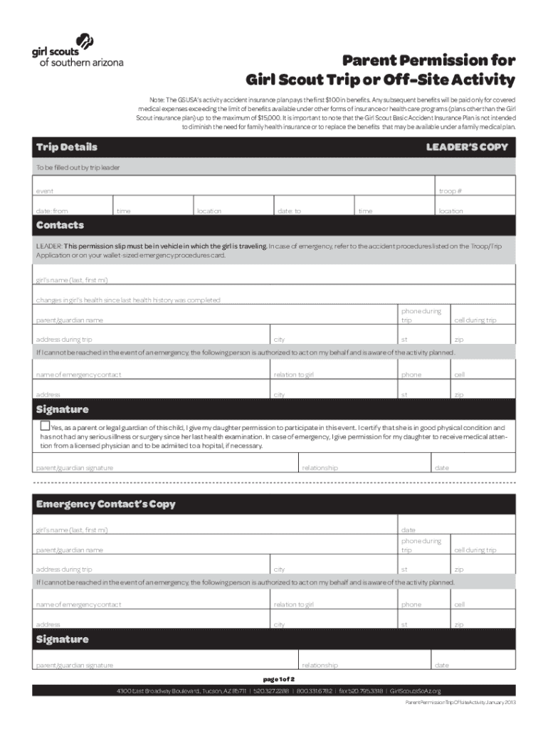 Fillable Online Girl Scout Trip Permission Slip. Use this form to ...