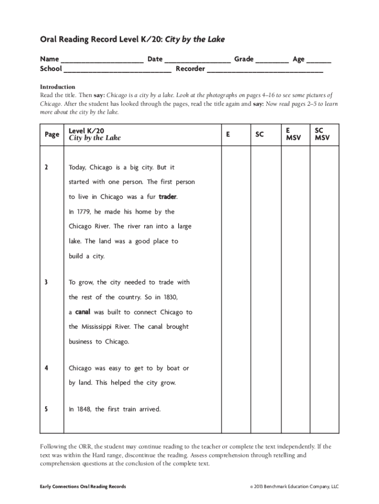 Fillable Online Oral Reading Record Level K/20: City by the Lake Fax ...