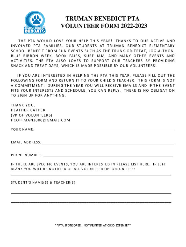 Fillable Online TRUMAN BENEDICT PTA VOLUNTEER FORM 2022-2023 Fax Email ...