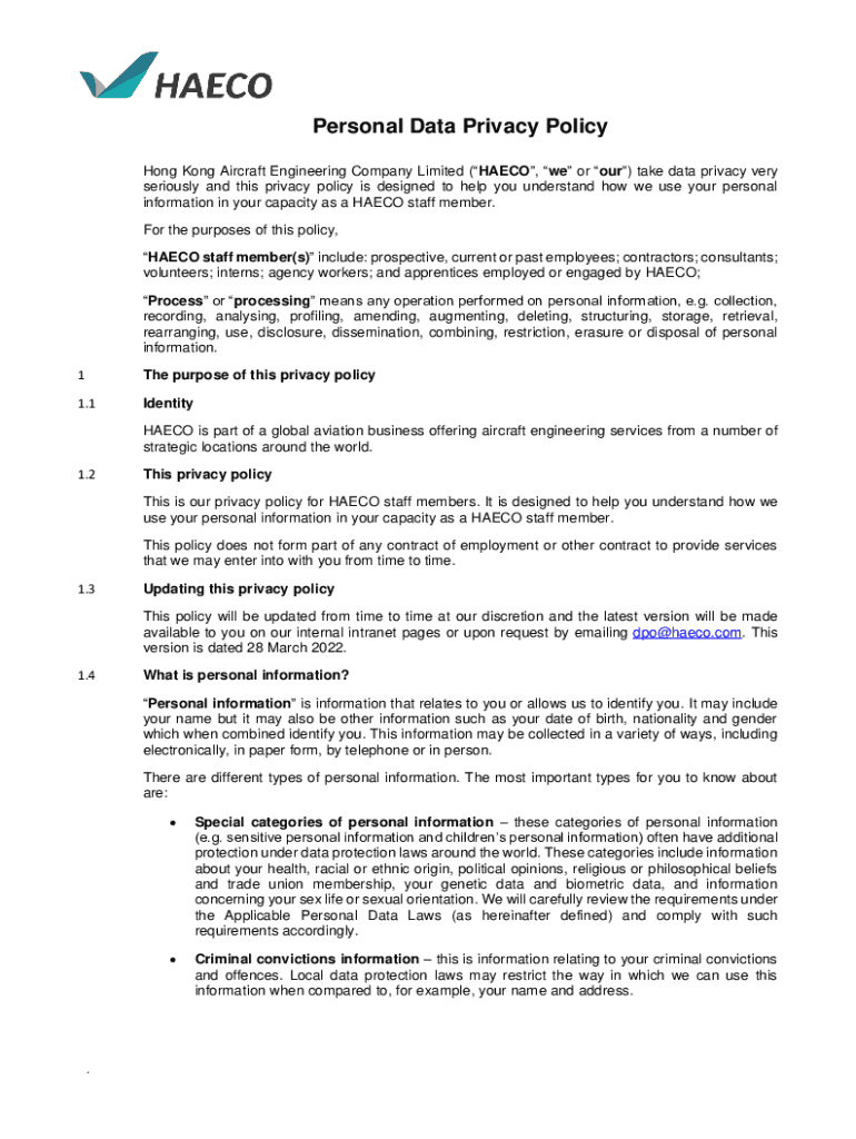 Fillable Online Personal Data Privacy Policy HAECO Careers Fax Email ...