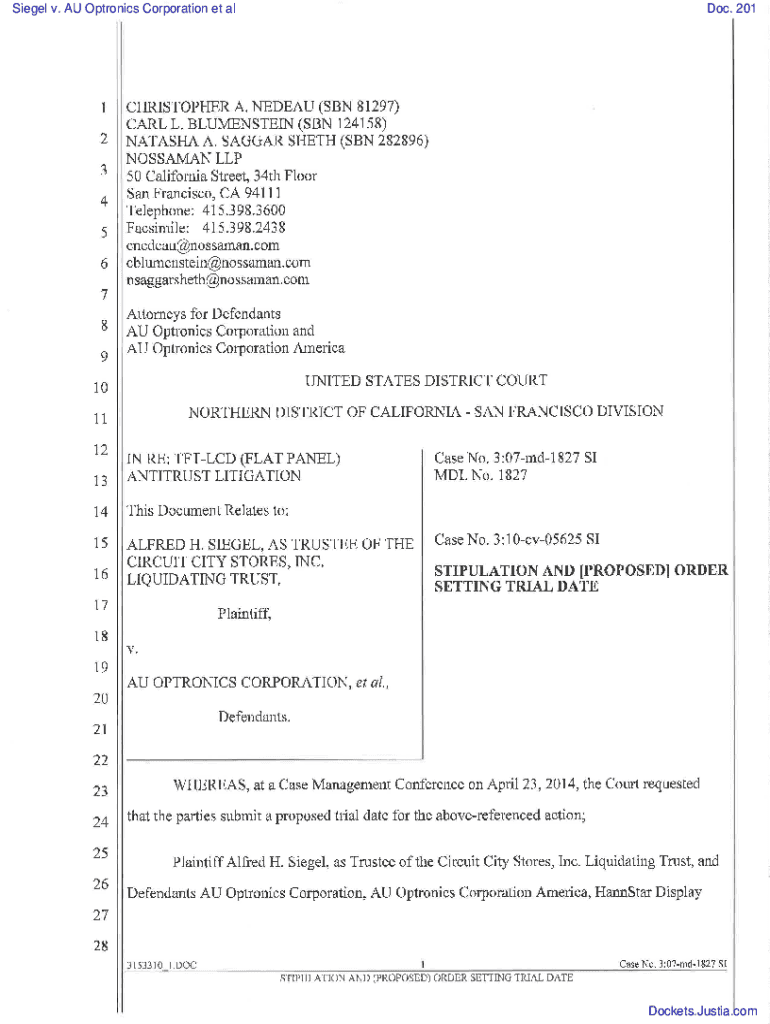 Fillable Online Siegel v. AU Optronics Corp., CASE NO. 10-cv-5625 SI Fax Email Print - pdfFiller