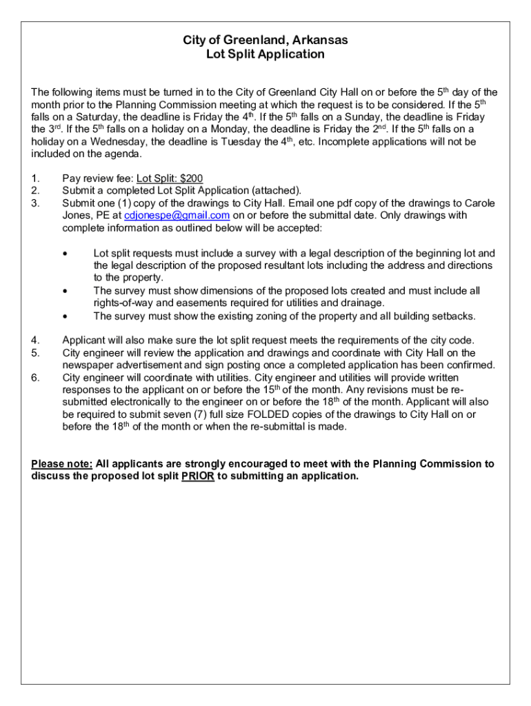 Fillable Online City of Greenland, Arkansas Lot Split Application Fax Email Print - pdfFiller