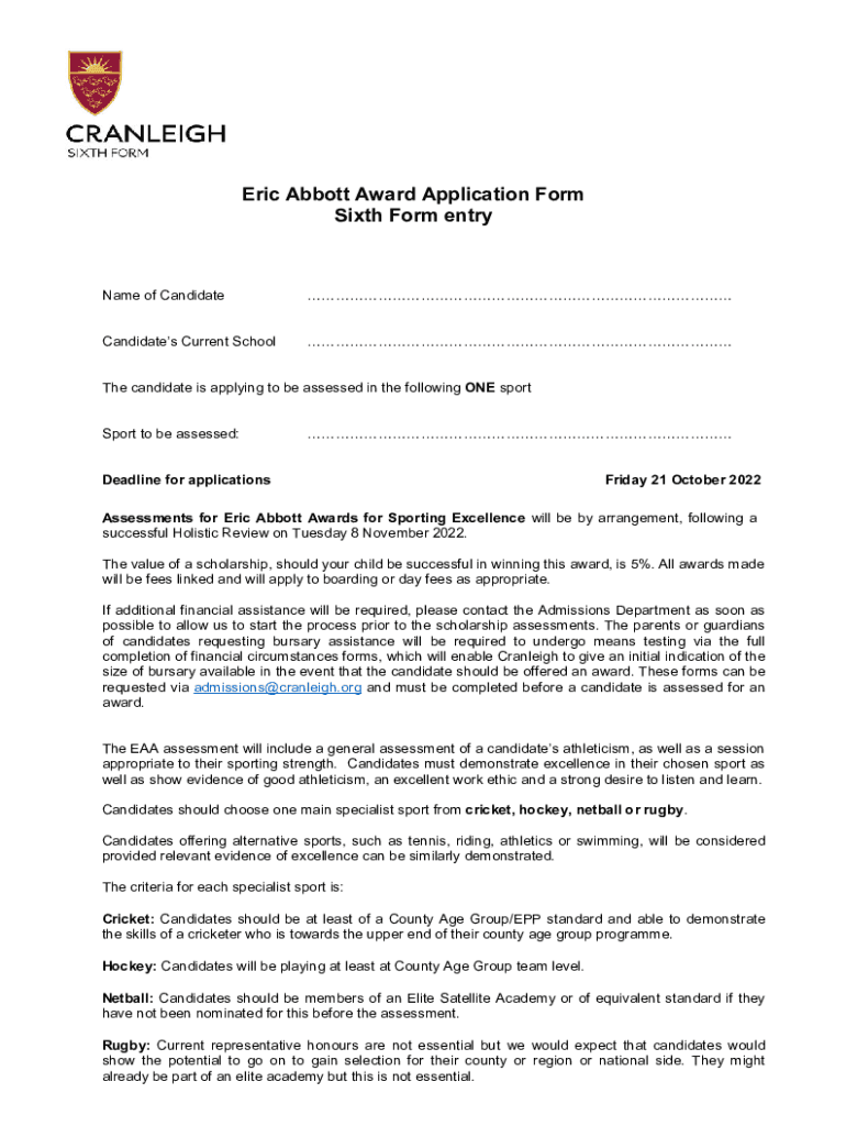 Fillable Online Eric Abbott Award Application Form Sixth Form entry Fax ...