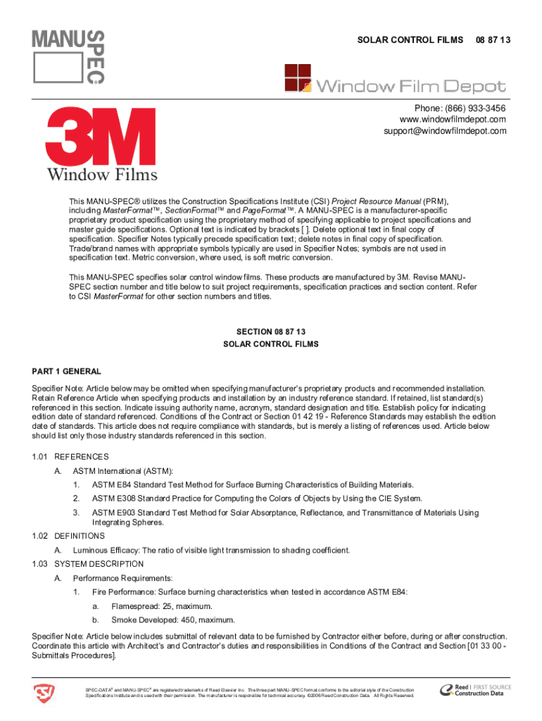 Fillable Online 3M Window Films MANU-SPEC Reed First Source. Solar ...