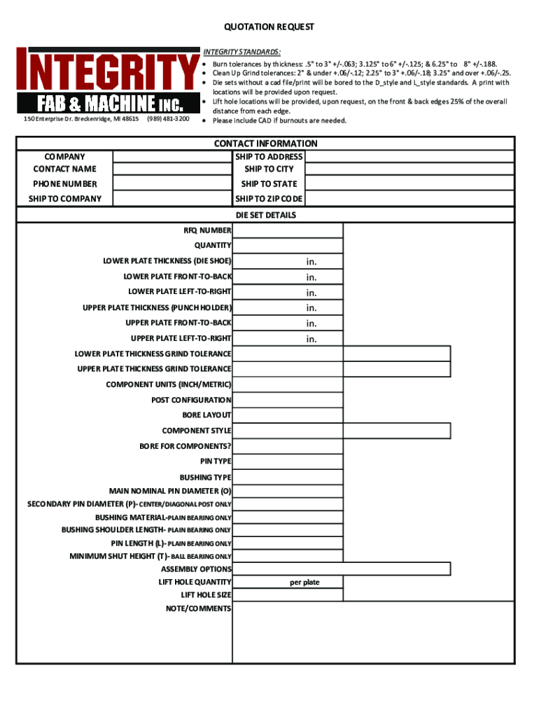 Fillable Online QUOTATION REQUEST in. in. in. in. ... Fax Email Print ...