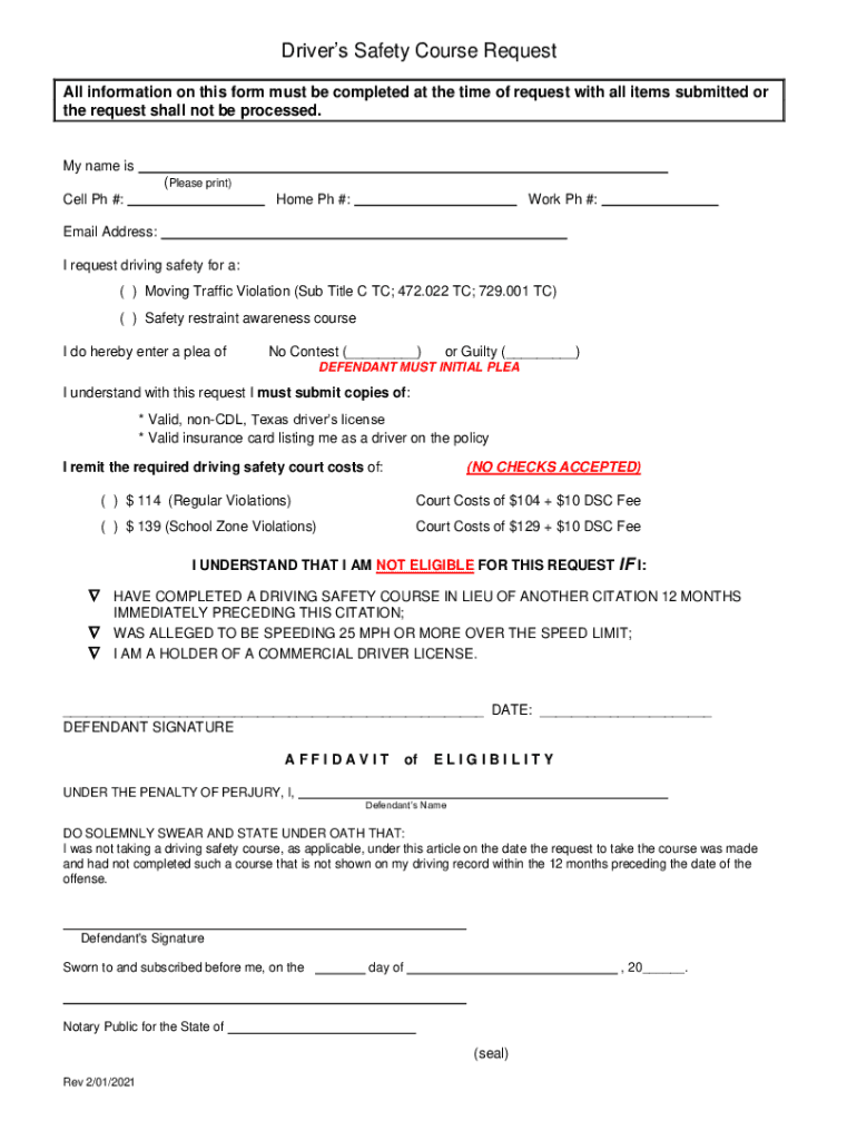 Fillable Online FormsRequest for Driver Safety - City of Sherman Fax ...