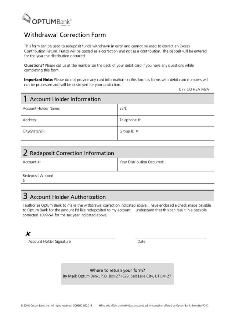 Fillable Online Optum Bank - HSA WIthdrawal Correction Form Fax Email ...
