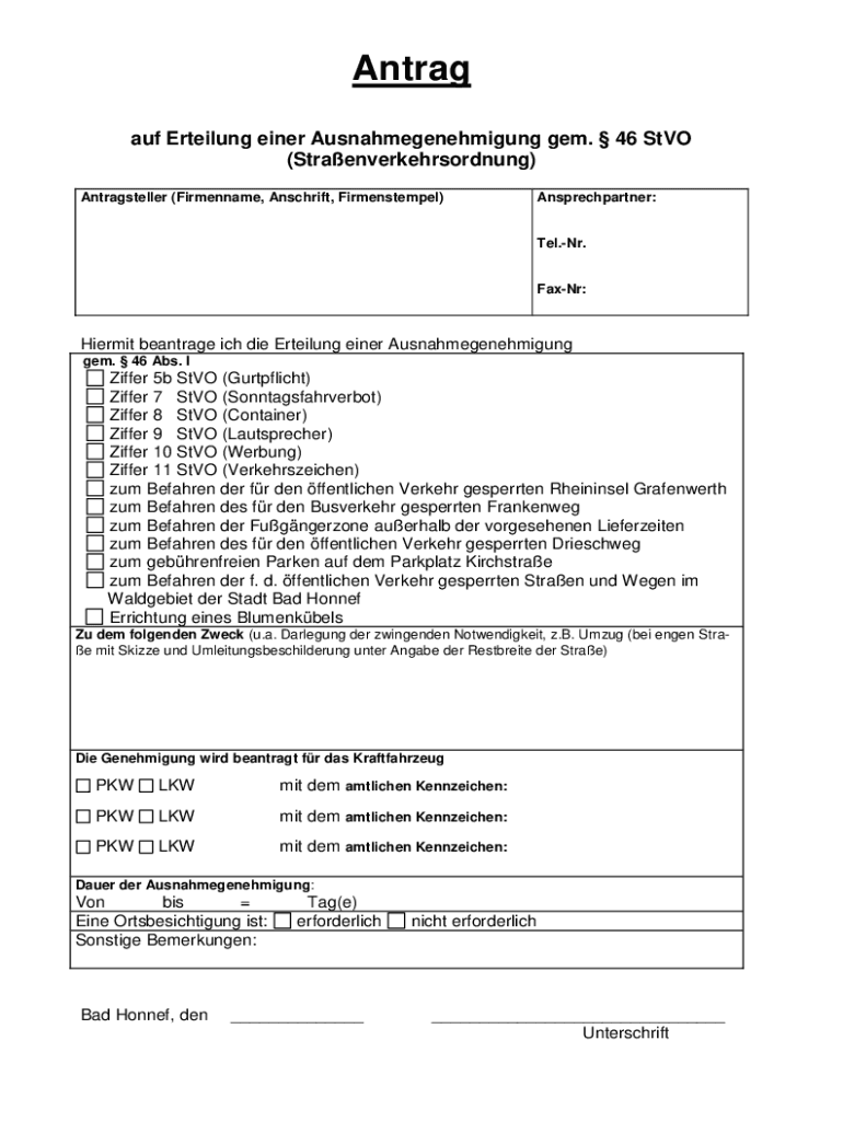 Ausfüllbar Online Antrag auf Erteilung einer Ausnahmegenehmigung nach... Fax Email Drucken ...