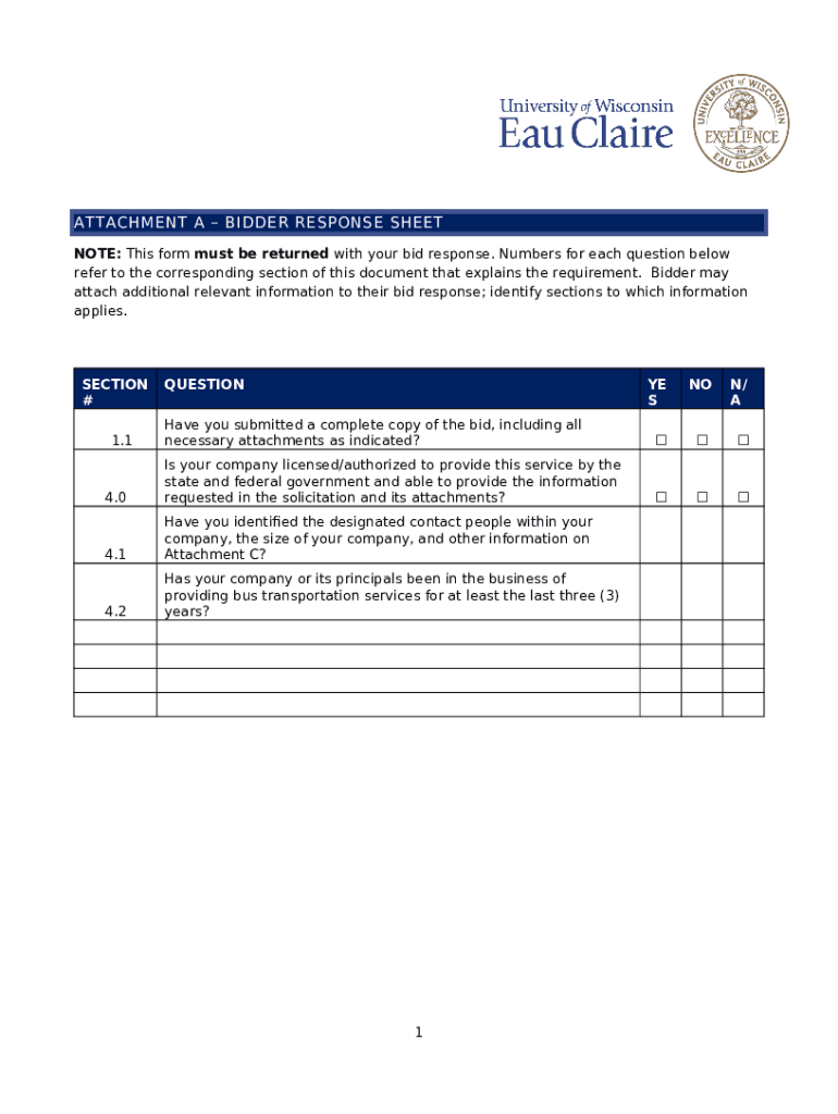 ATTACHMENT A - BID RESPONSE SHEET Doc Template | pdfFiller