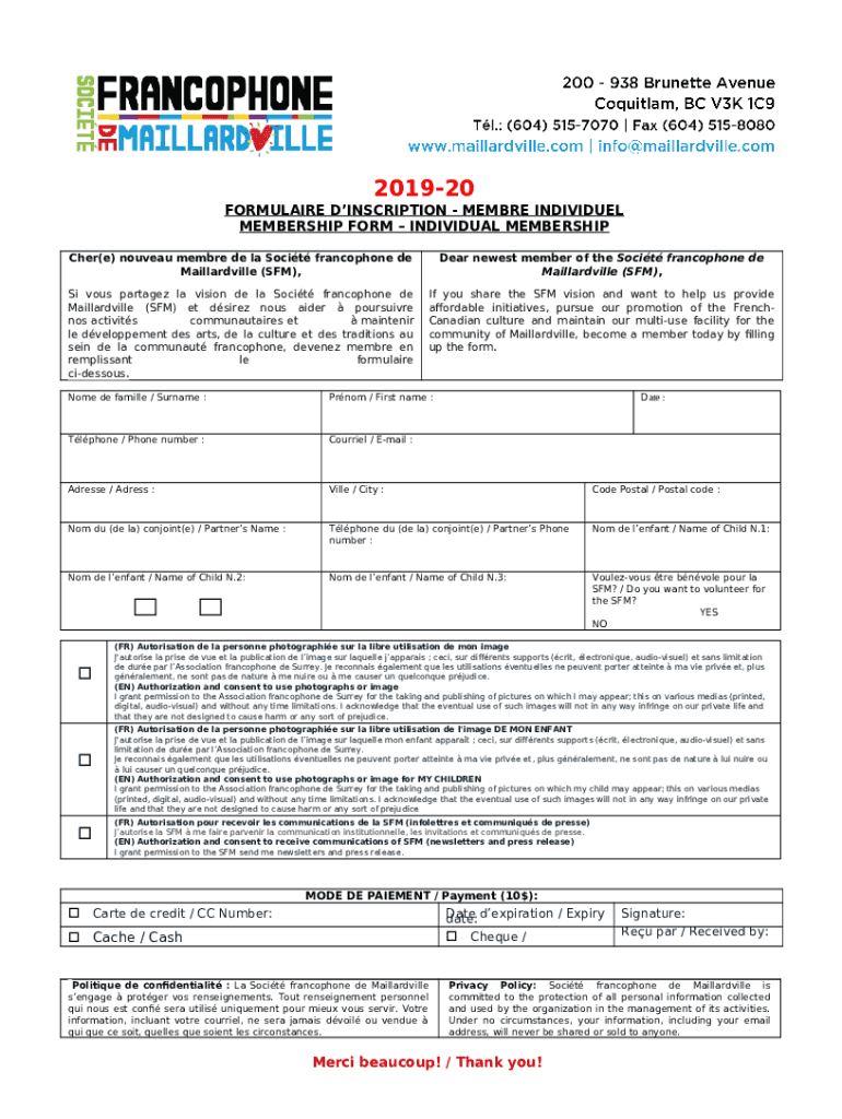 ULAIRE D'INSCRIPTION - MEMBRE INDIVIDUEL Doc Template | pdfFiller