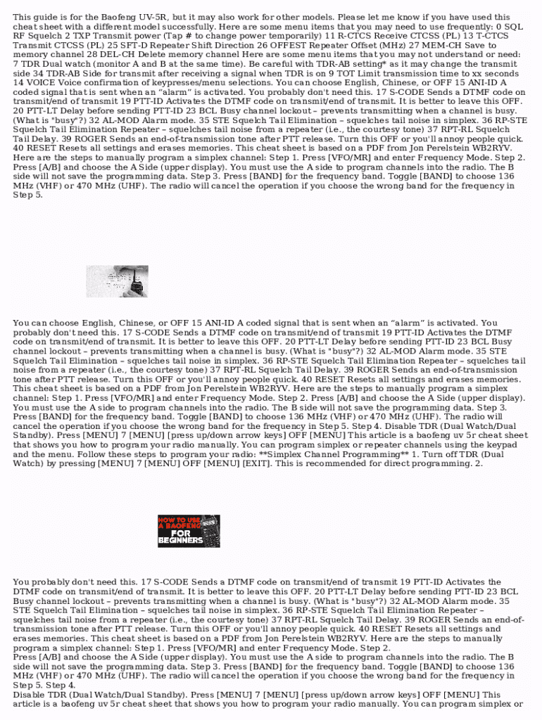 Fillable Online Baofeng cheat sheet for emergency use? Putting a UV5R ...