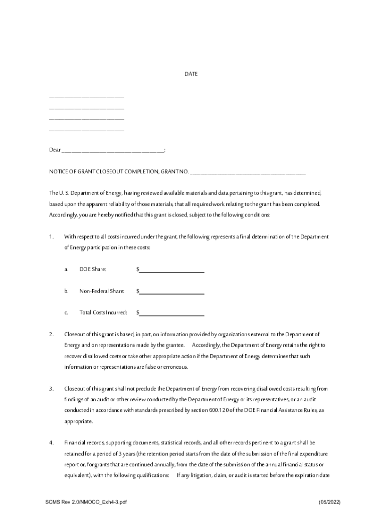 Fillable Online Noitice of Grant Closeout Completion Template Fax Email ...