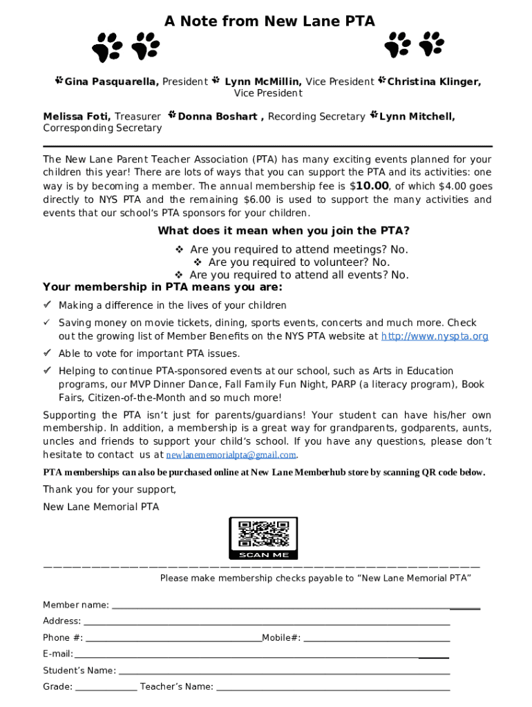 A Note from New Lane PTA Doc Template | pdfFiller
