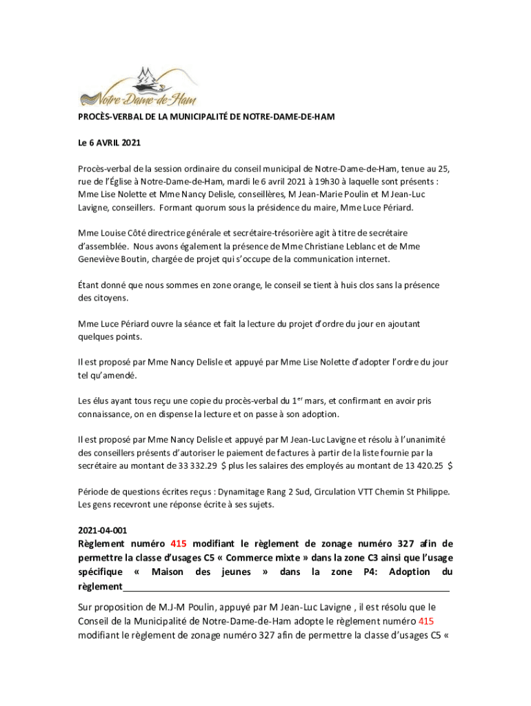 Remplissable En Ligne PROCS-VERBAL DE LA MUNICIPALIT DE NOTRE- ... Fax ...