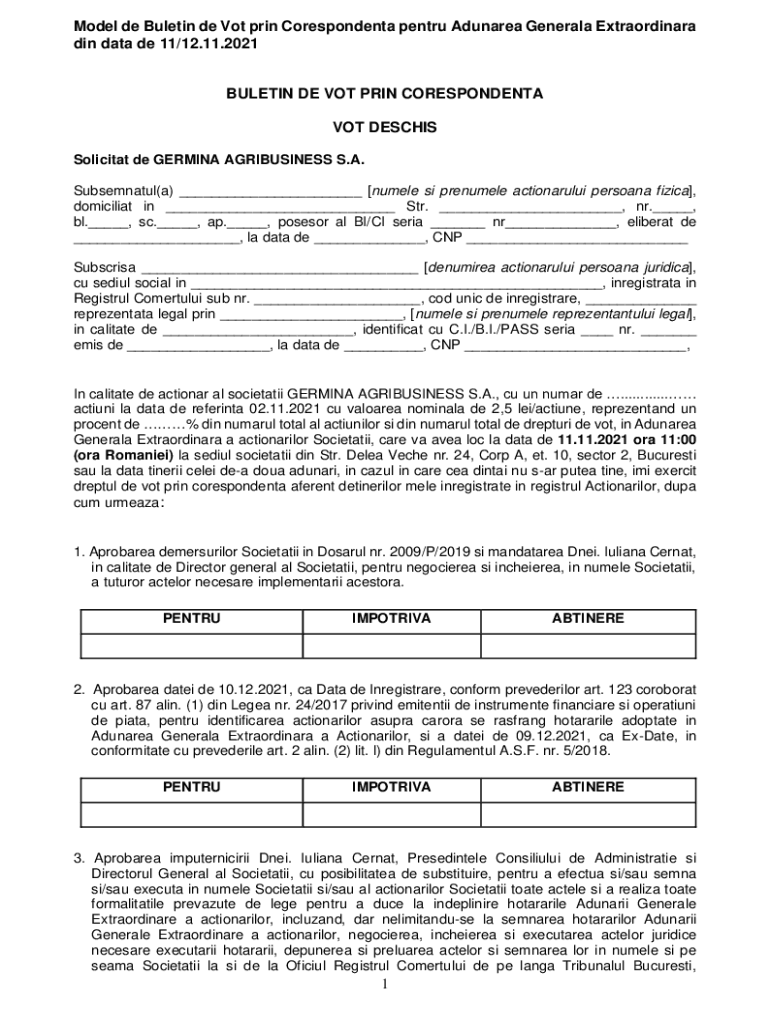 Fillable Online 1 Model de Buletin de Vot prin Corespondenta ...