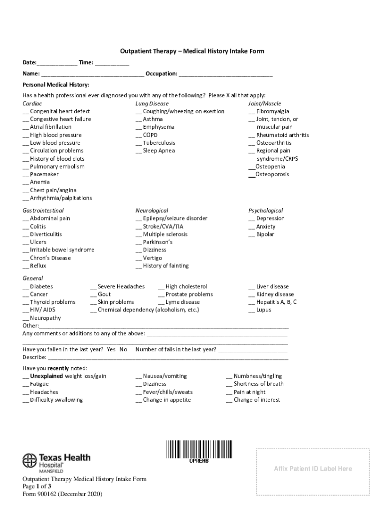 Fillable Online Outpatient Therapy Medical History Intake Form - Texas ...