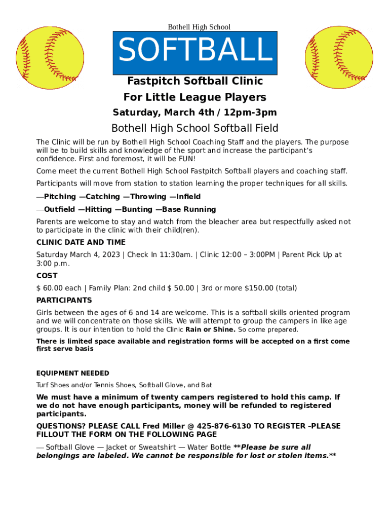 Bothell High School Fastpitch Softball Clinic Registration ... Doc Template | pdfFiller