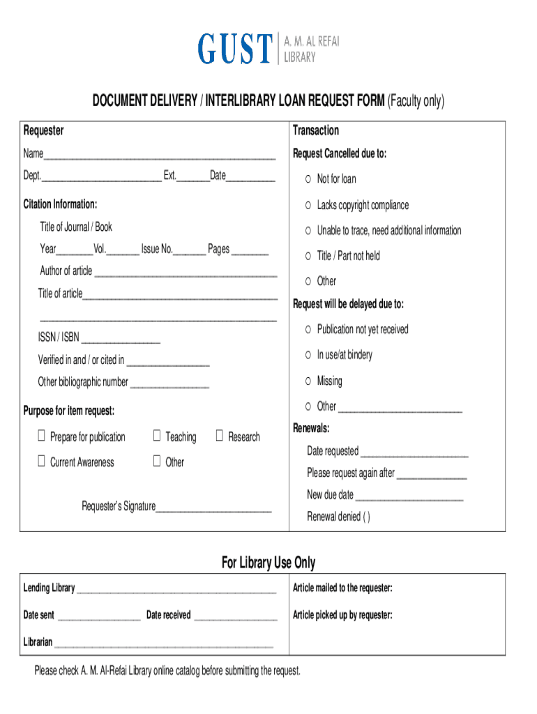 Fillable Online INTERLIBRARY LOAN REQUEST FORM (Faculty only) Fax Email ...