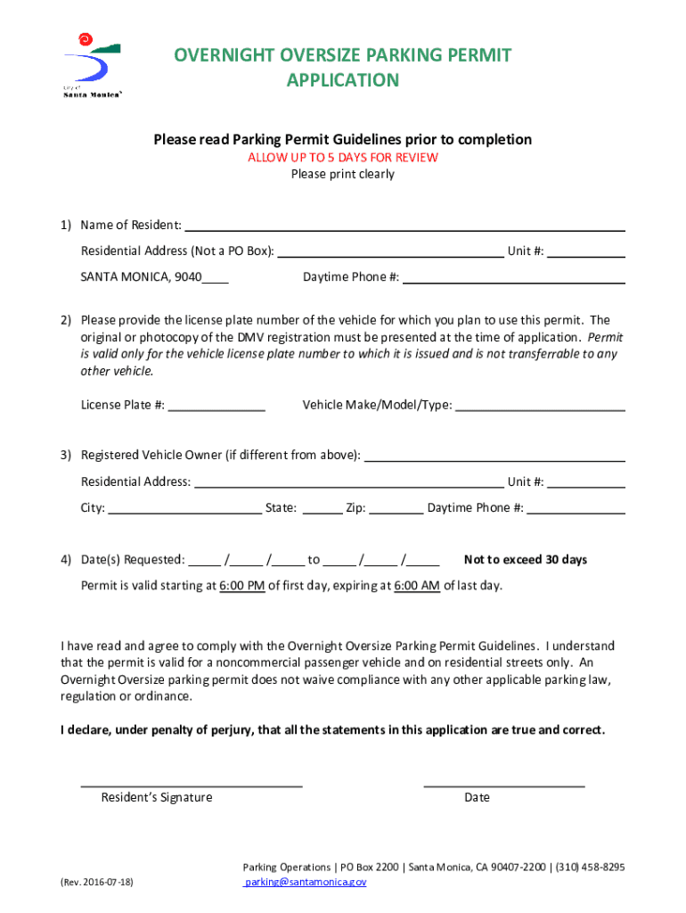2016-2025 Form CA Overnight Oversize Parking Permit Application - City ...