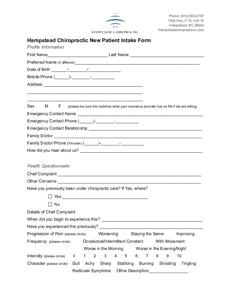 Fillable Online Hampstead Chiropractic New Patient Intake Form Fax ...