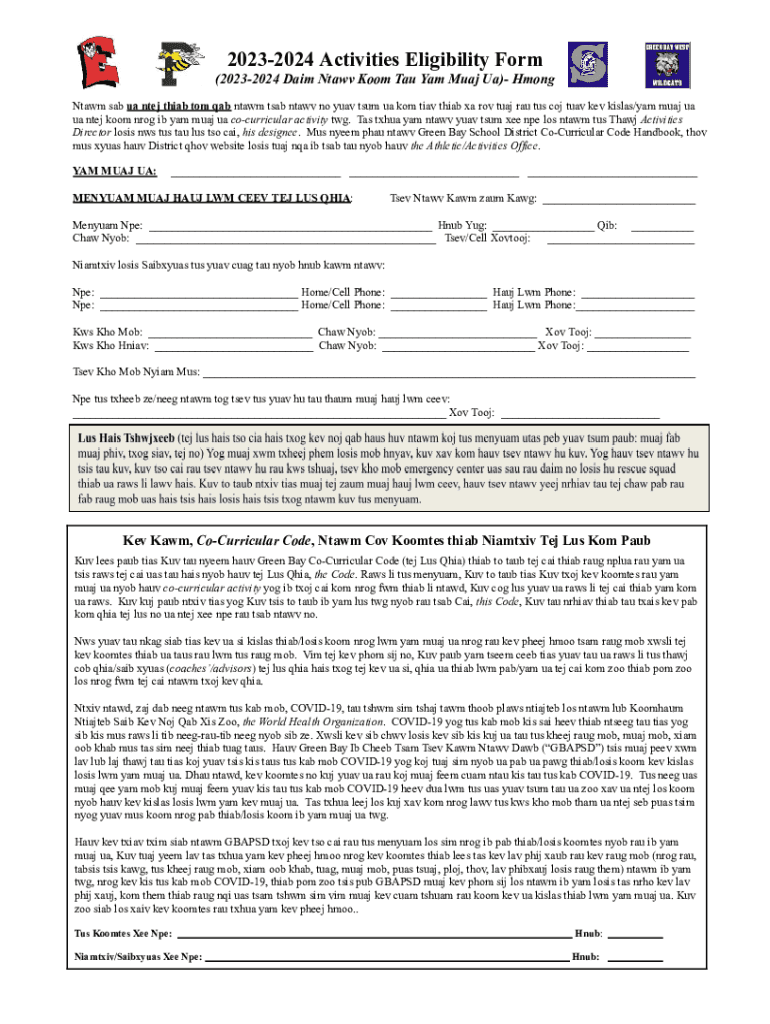 Fillable Online 2023-2024 Activities Eligibility Form (Hmong) Fax Email Print - pdfFiller