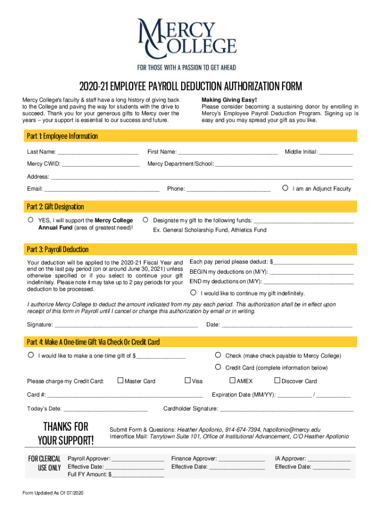 Fillable Online 2020-21 employee payroll deduction authorization form Fax Email Print - pdfFiller