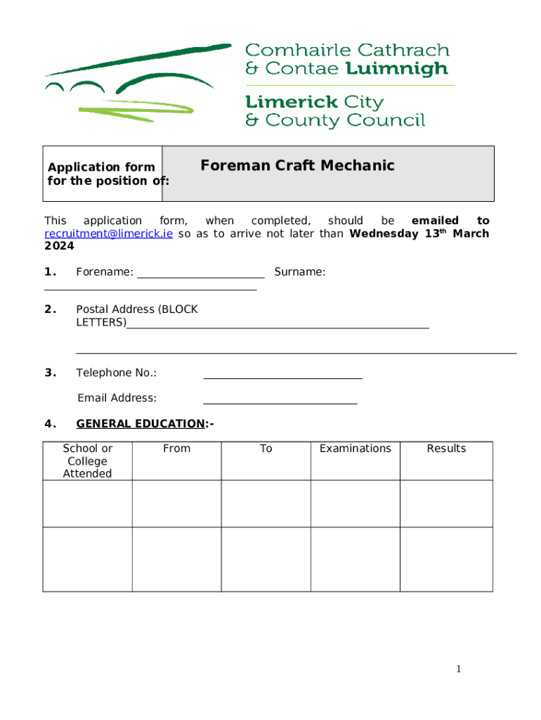 Application -Foreman Craft Mechanic Doc Template | pdfFiller