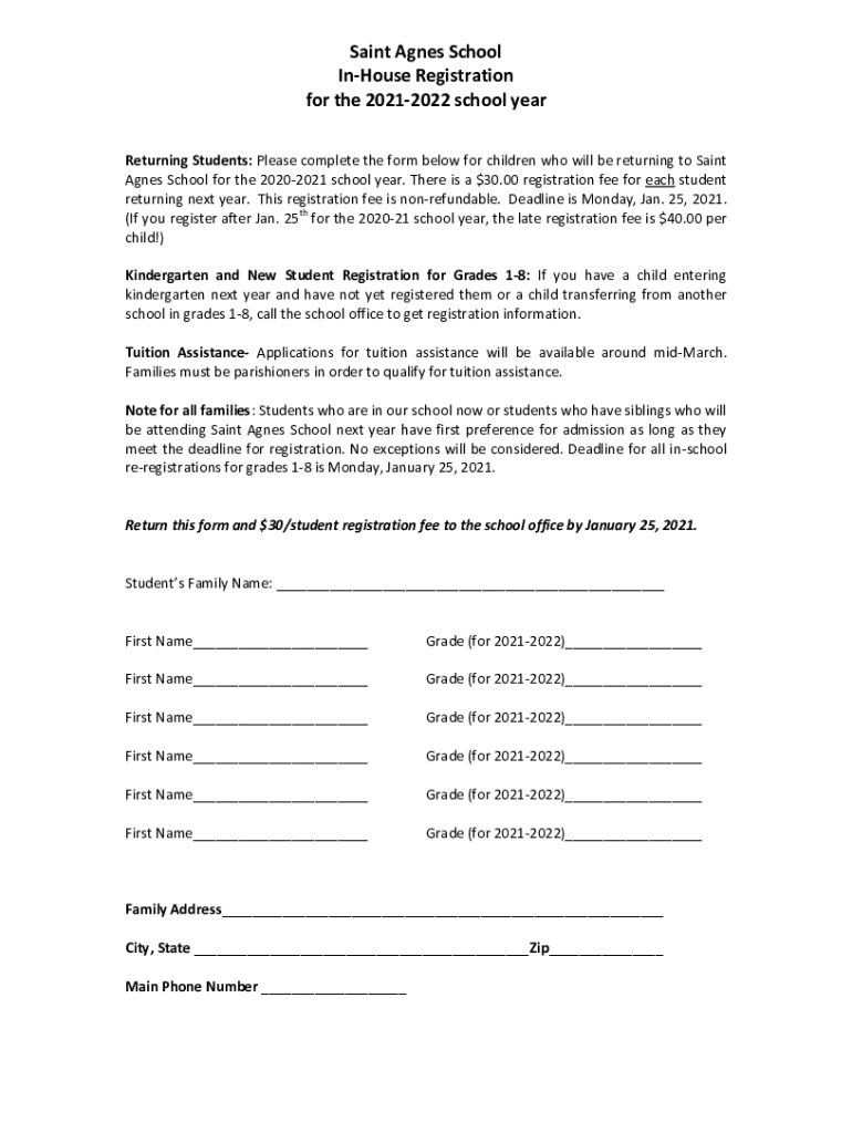 Fillable Online Re-registration Form 21-22 - St. Agnes School Fax Email Print - pdfFiller