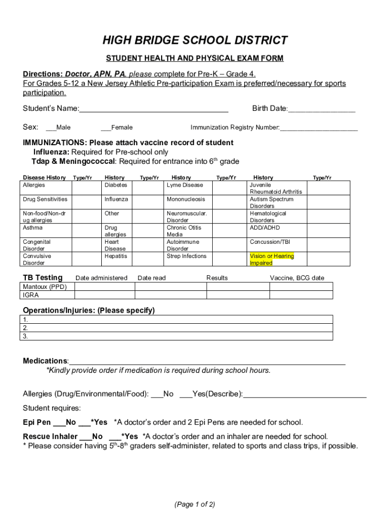 Fillable Online Student Health & Physical Exam Form Fax Email Print ...