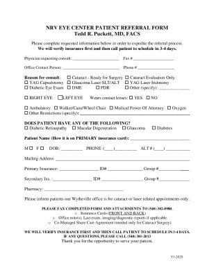 Fillable Online NRV EYE CENTER PATIENT REFERRAL FORM Tedd R. ... Fax Email Print - pdfFiller