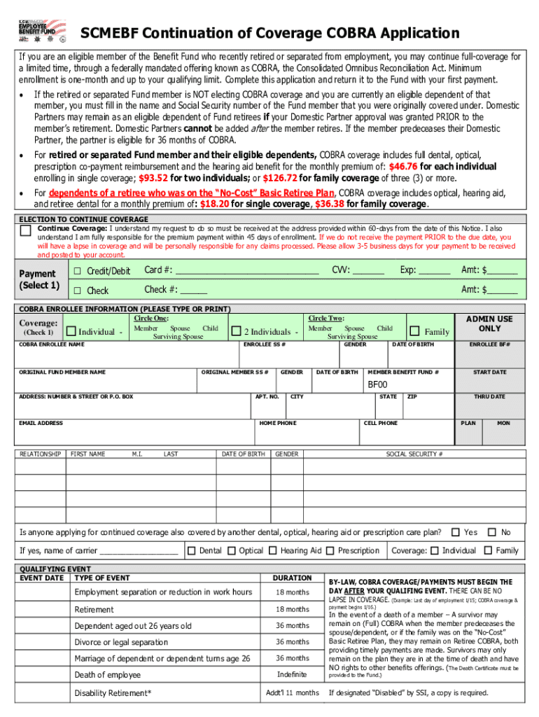 Fillable Online SCMEBF Continuation of Coverage COBRA Application Fax ...