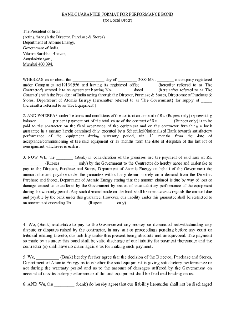 Fillable Online BANK GUARANTEE FORMAT FOR PERFORMANCE BOND LOCAL.doc ...