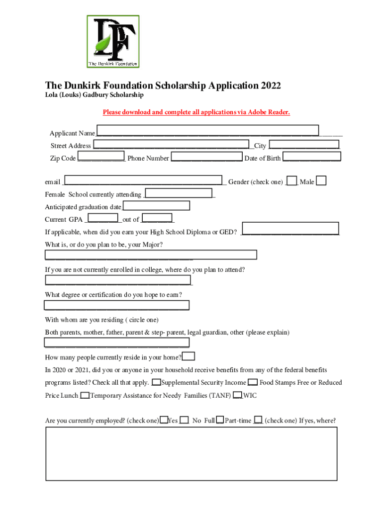 Fillable Online The Dunkirk Foundation Scholarship Application 2022 Fax Email Print - pdfFiller