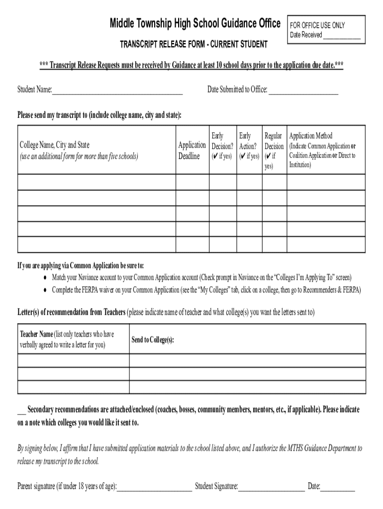 Fillable Online Middle Township High School Transcript Request Fax ...
