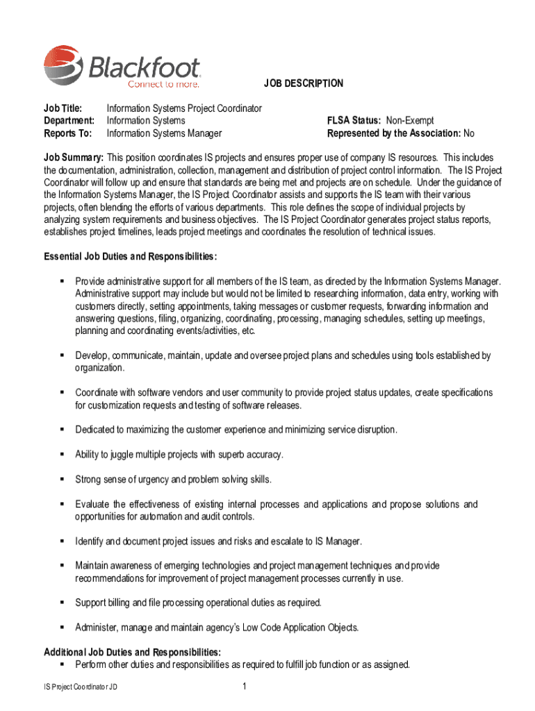 Fillable Online It Project Coordinator Job Description Template Fax ...