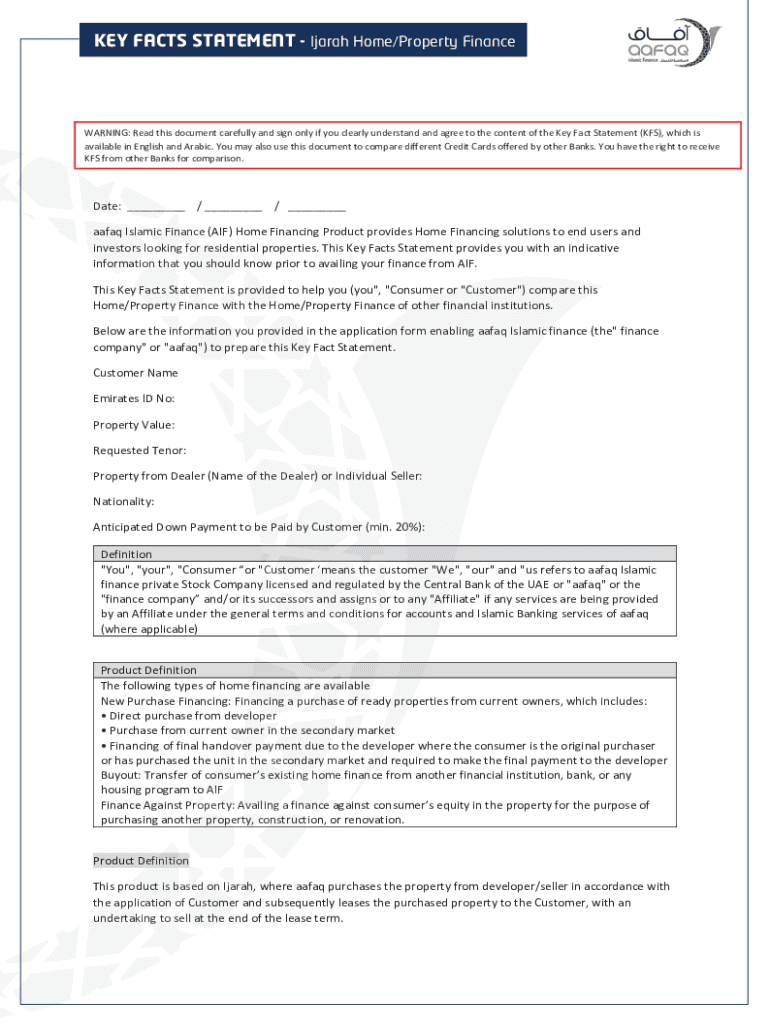 Fillable Online KEY FACTS STATEMENT (Personal Finance Service Ijara ...
