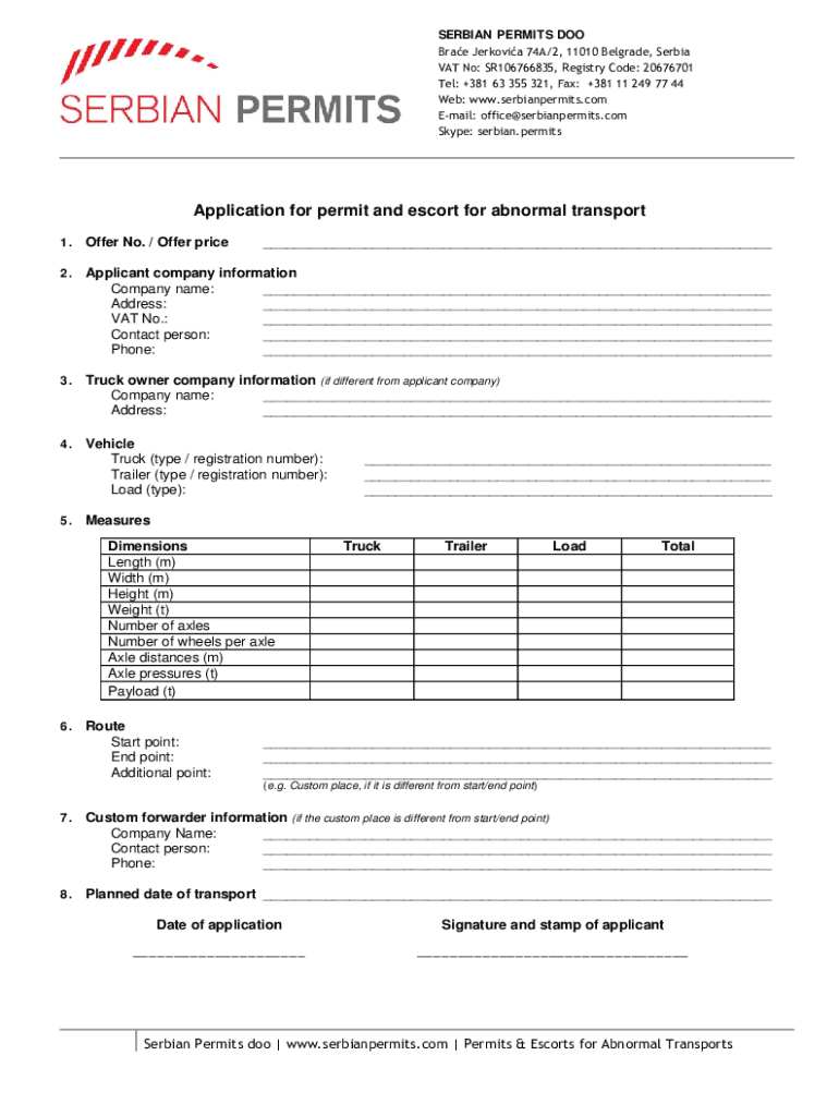 Fillable Online Application for permit and escort for abnormal ...