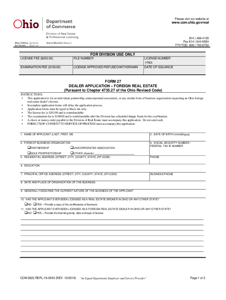 Fillable Online com ohio FOR DIVISION USE ONLY FORM 27 DEALER ...