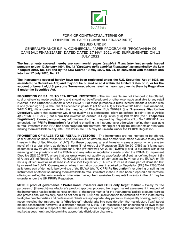 Fillable Online form of contractual terms of commercial paper (cambiali ...