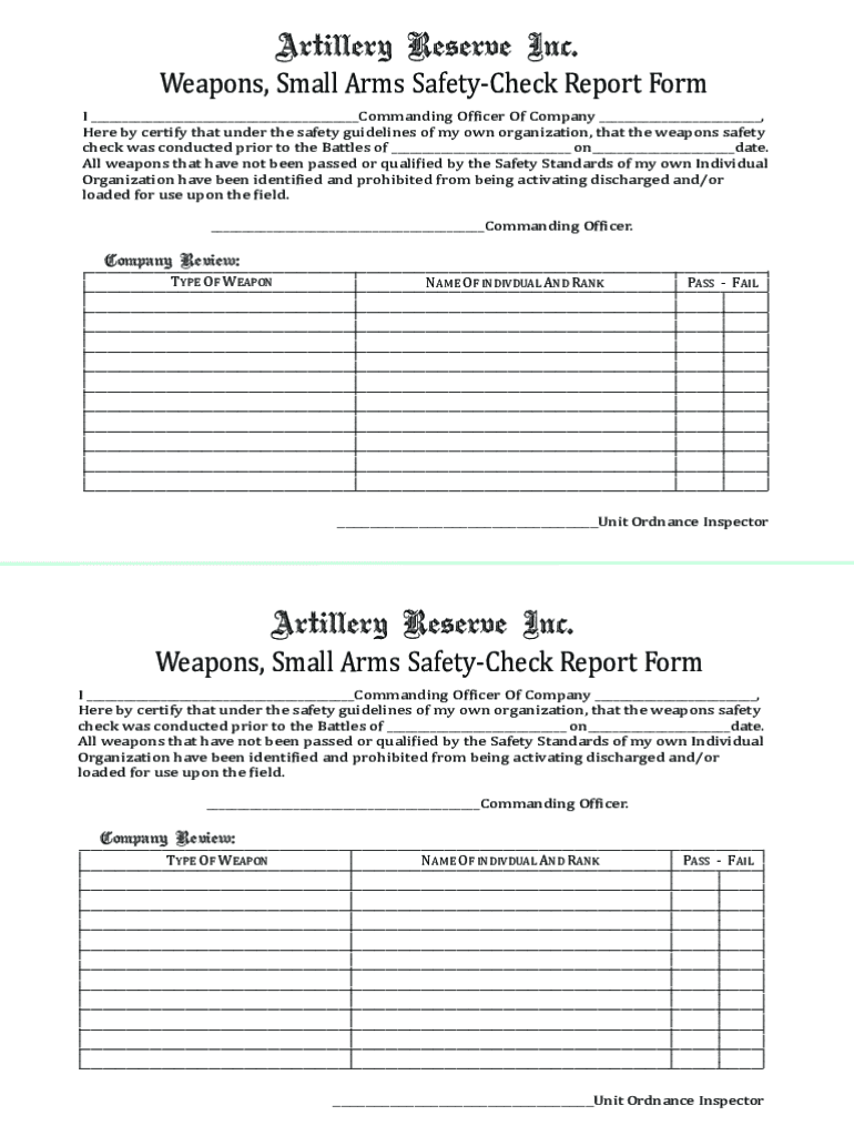Fillable Online Weapons, Small Arms Safety-Check Report Form Fax Email ...