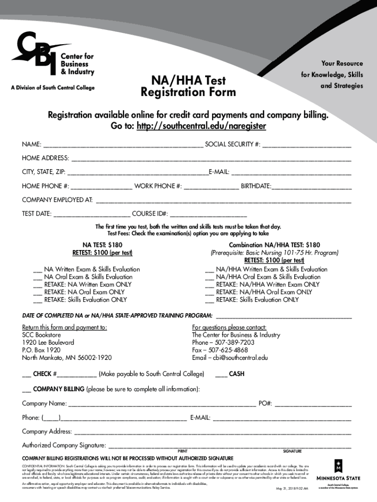 Fillable Online NA/HHA Test Registration Form Fax Email Print - pdfFiller