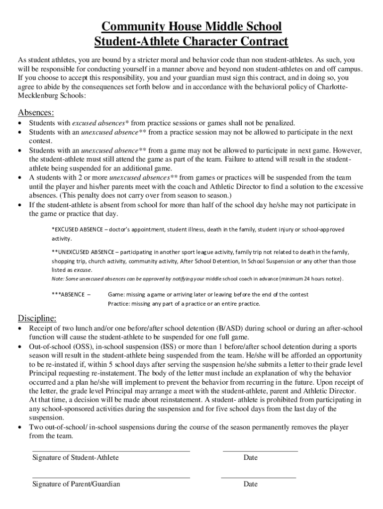 Fillable Online Community House Middle School Student-Athlete Character ...