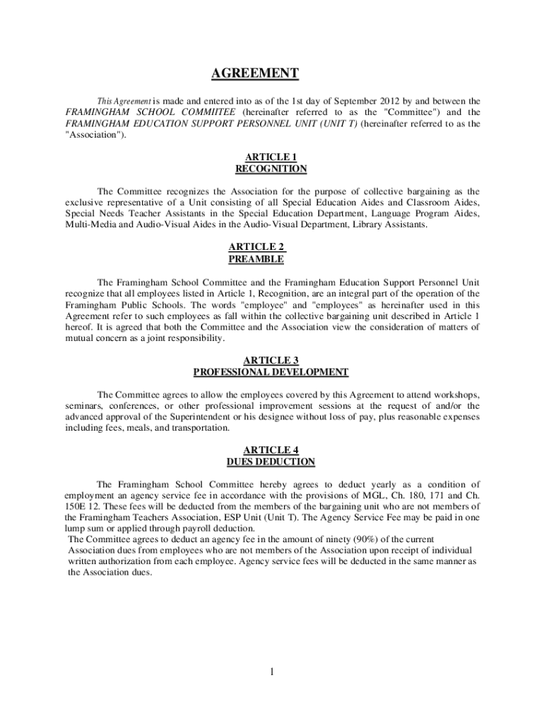 Fillable Online framingham massteacher FTA Unit T 12-15 Agreement DRAFT ...