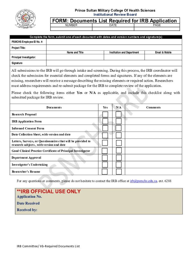 Fillable Online FORM: Documents List Required for IRB Application Fax Email Print - pdfFiller