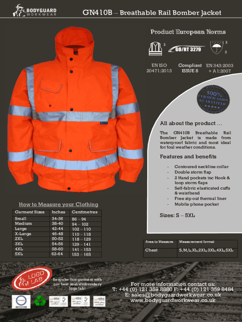 Fillable Online Hi Vis Colorado Gore-Tex Rail Spec Bomber Jacket Fax ...