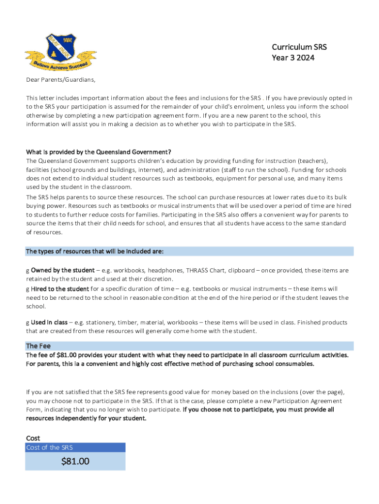 Fillable Online brayparkss eq edu SRS parent information template for secondary curriculum Fax ...